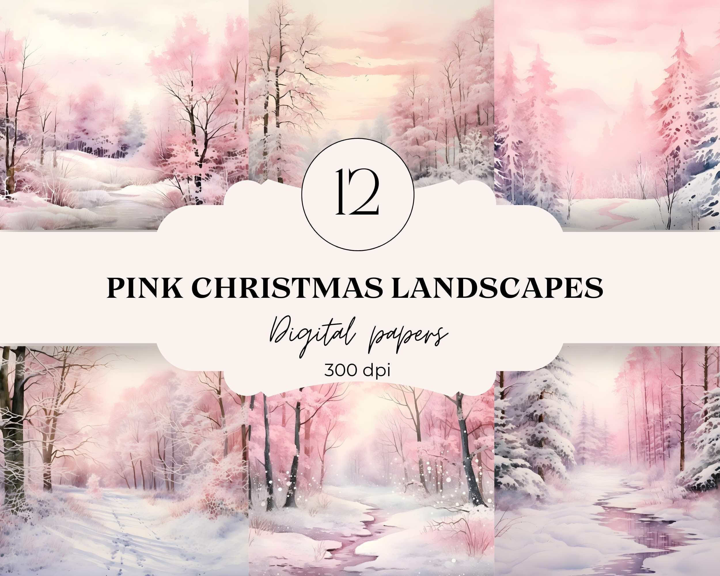 Watercolor Pink Christmas Clipart,winter Scenes,snowy Landscape Png ...