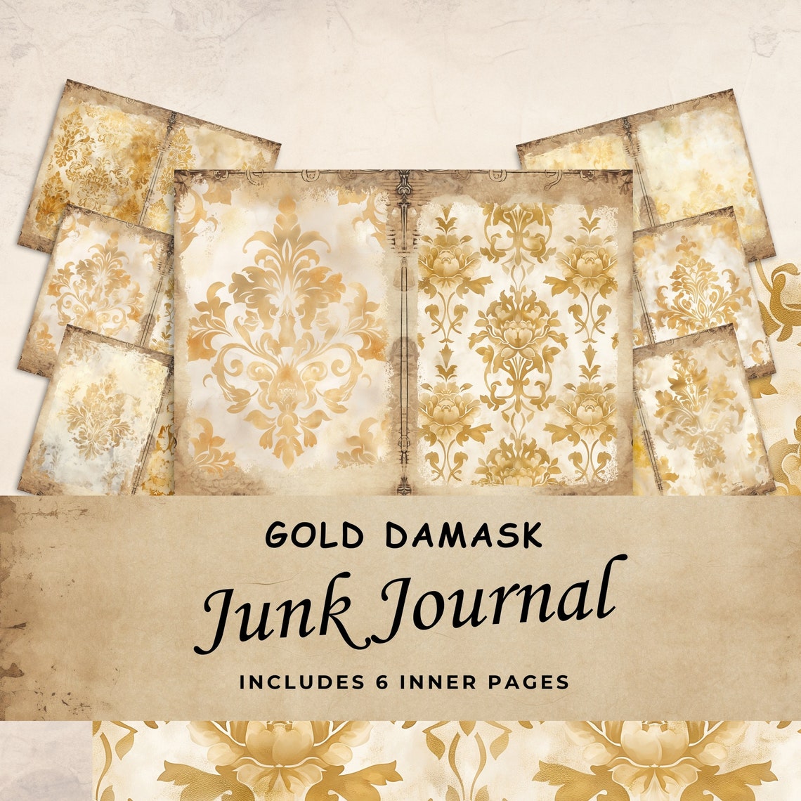 Gold Damask Junk Journal Pages , Vintage Metallic Effect , 6 Digital ...