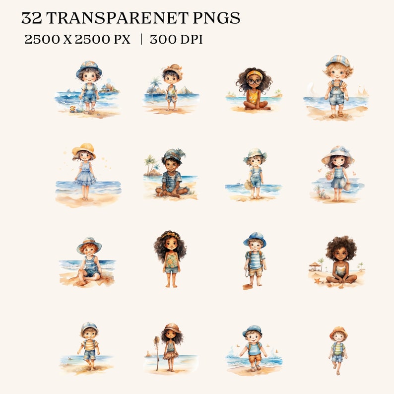 Cute Kids on the Beach Clipart Pack , Watercolour Images, Boys and ...