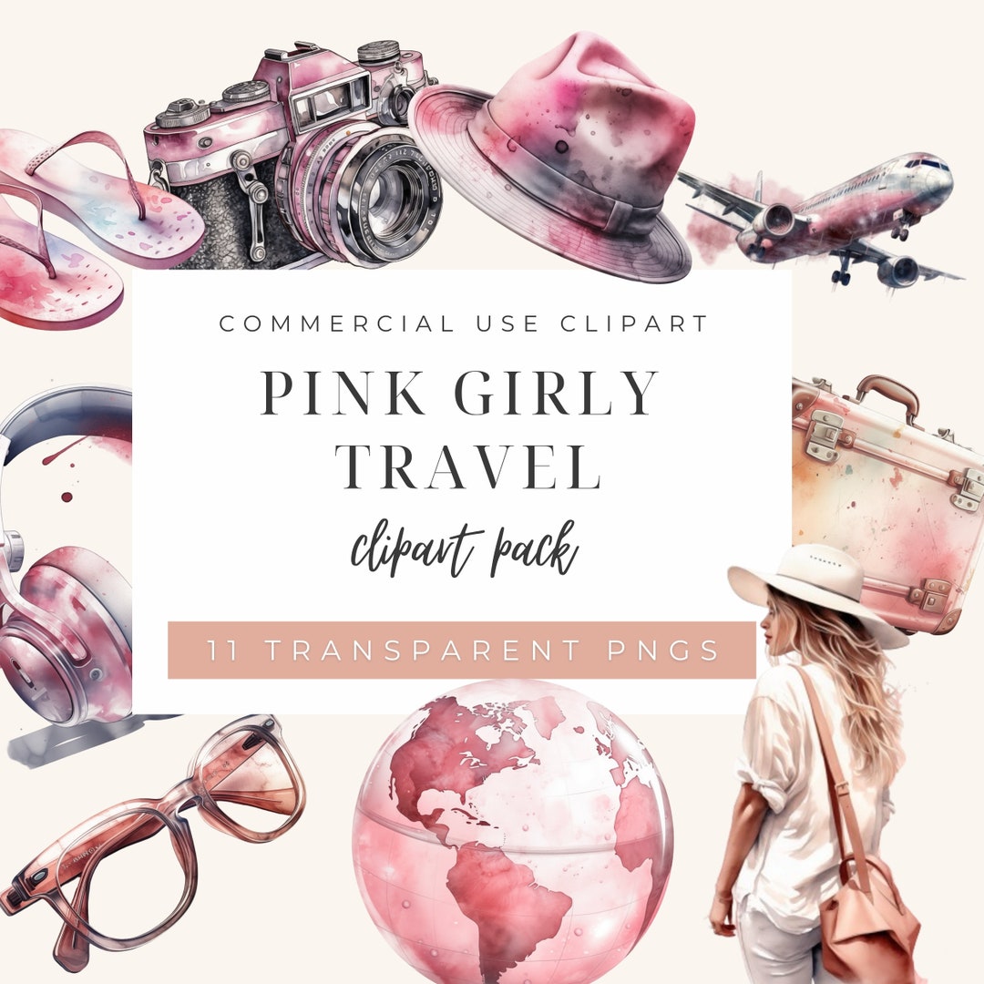 Travel Watercolour Clipart Pink Girly, Girly Travel Clipart, Watercolor ...
