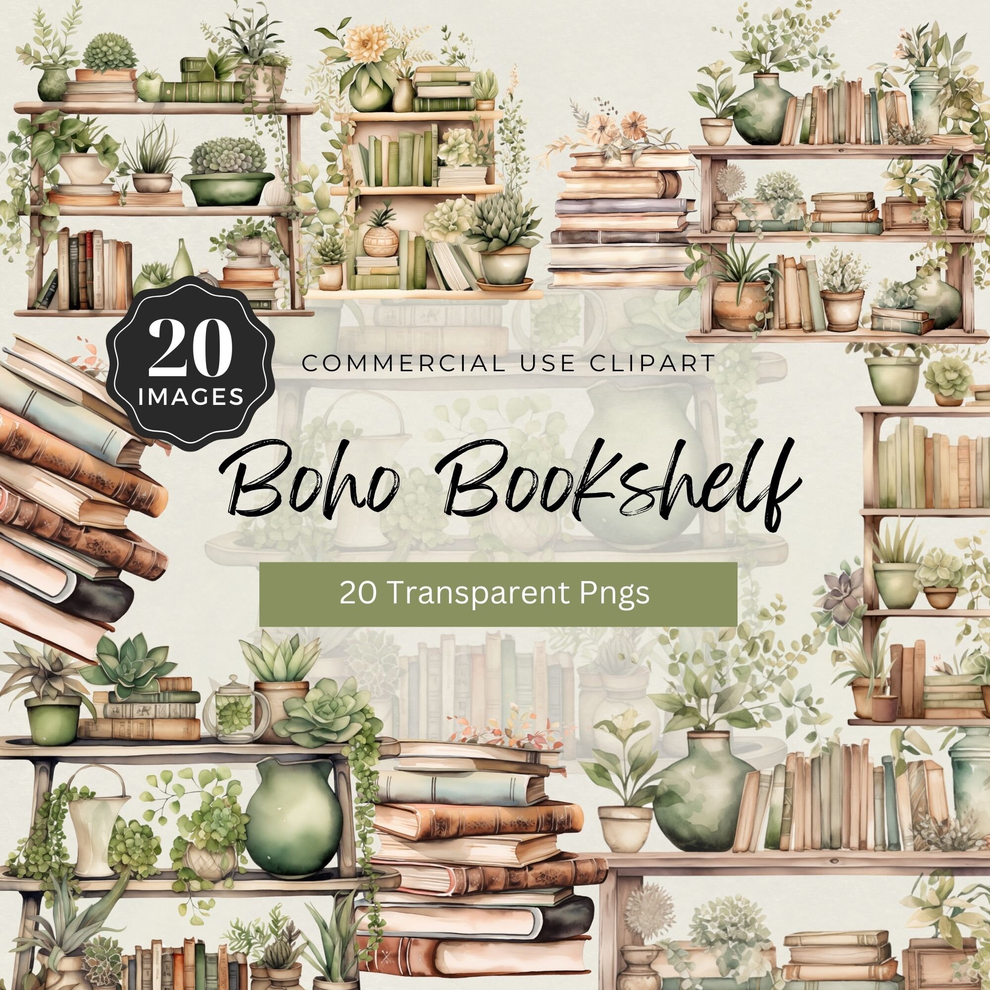 Boho Bookshelf, Bookshelves Clipart, Cottagecore, Book Clip Art, Boho ...