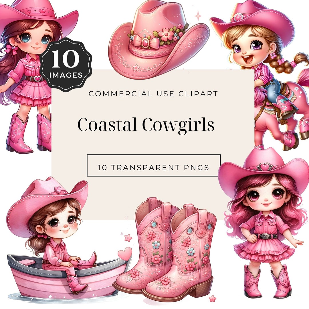 Coastal Cowgirls Clipart PNG, Pink Cowgirl Boots and Hats, Cute Western ...