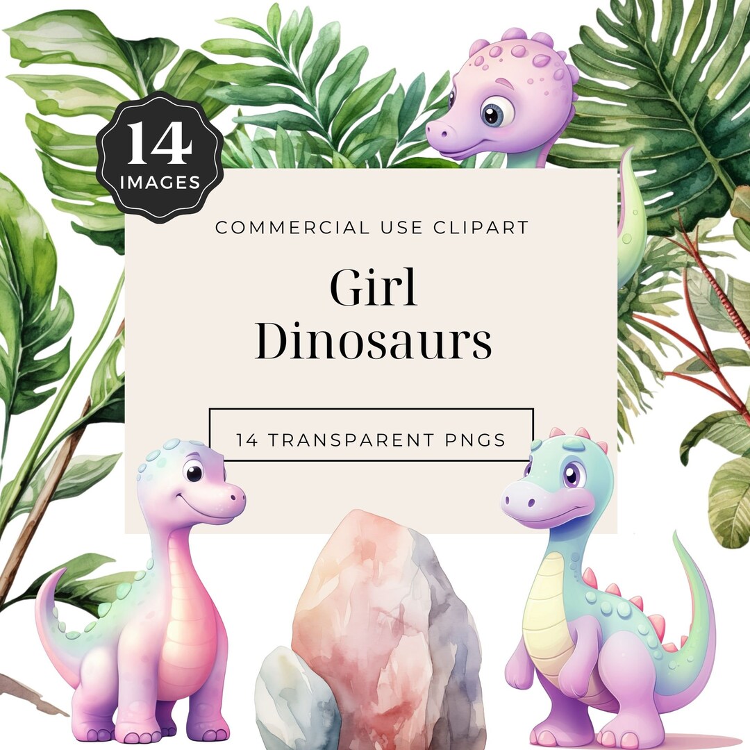 Girl Dinosaur Clipart, Watercolor Dinosaur Clipart, Baby Girl Dinosaur ...