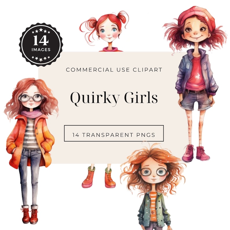 Quirky Girl Clipart, Mixed Media Quirky Woman Clip Art, Woman Graphics ...