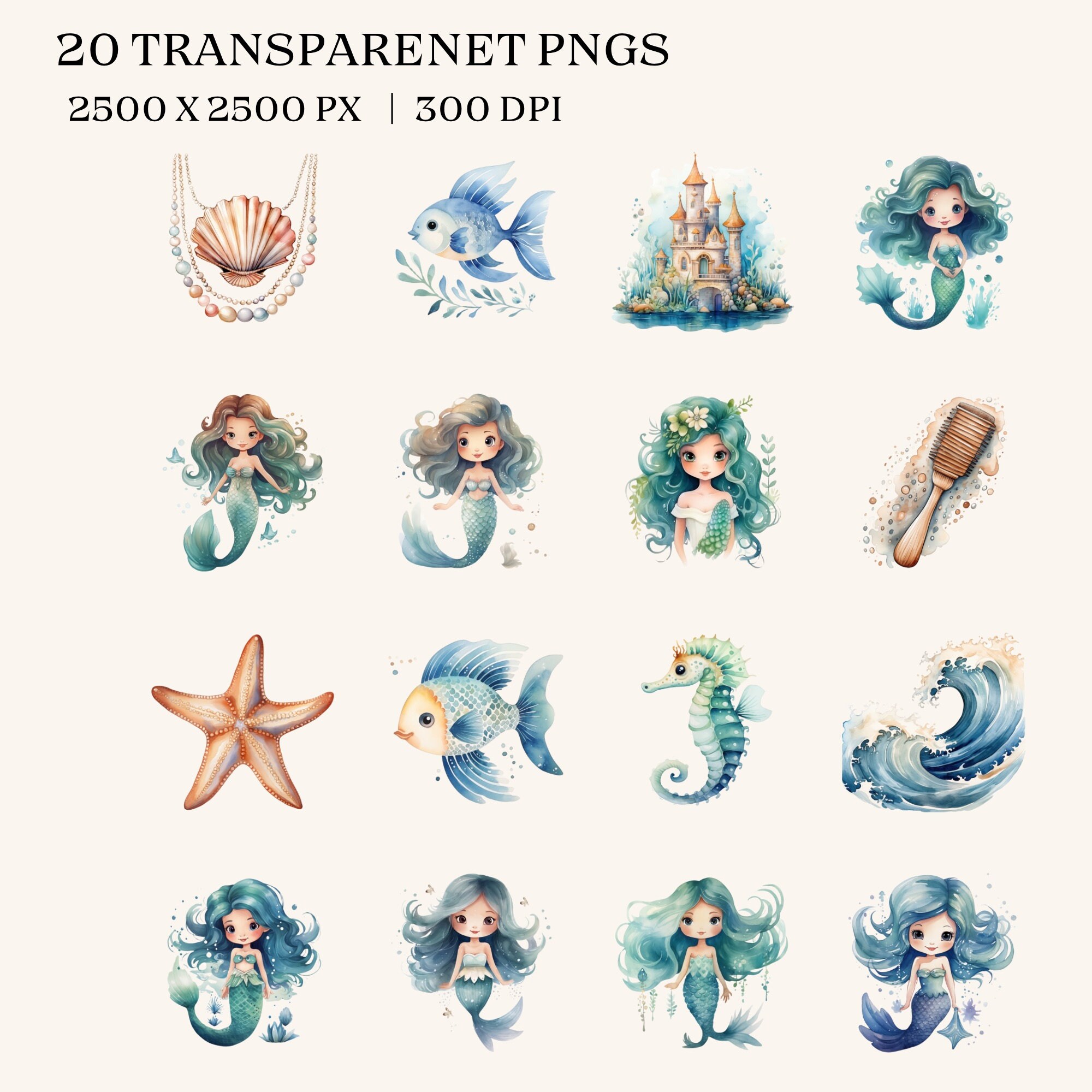Jade Green Mermaids Clipart Pack , Watercolour Images, Cute Mermaid ...