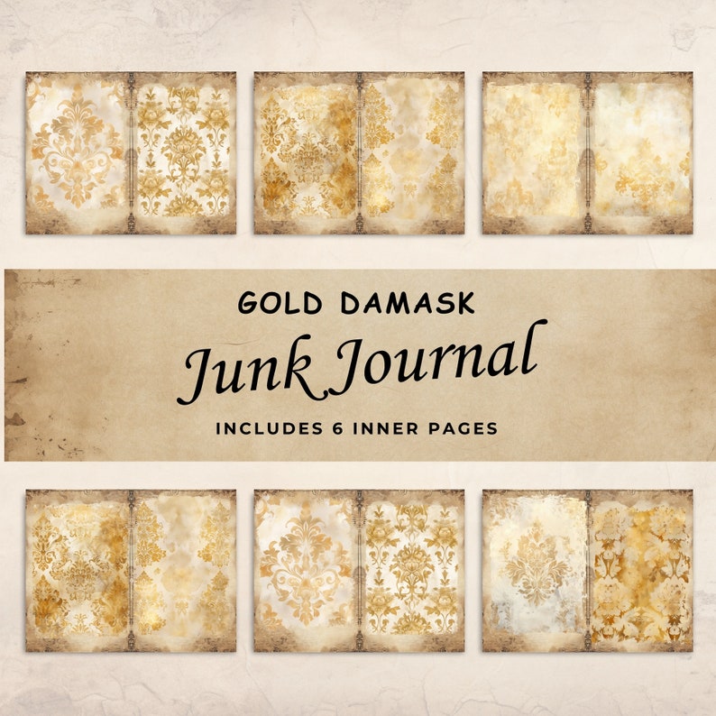 Gold Damask Junk Journal Pages , Vintage Metallic Effect , 6 Digital ...