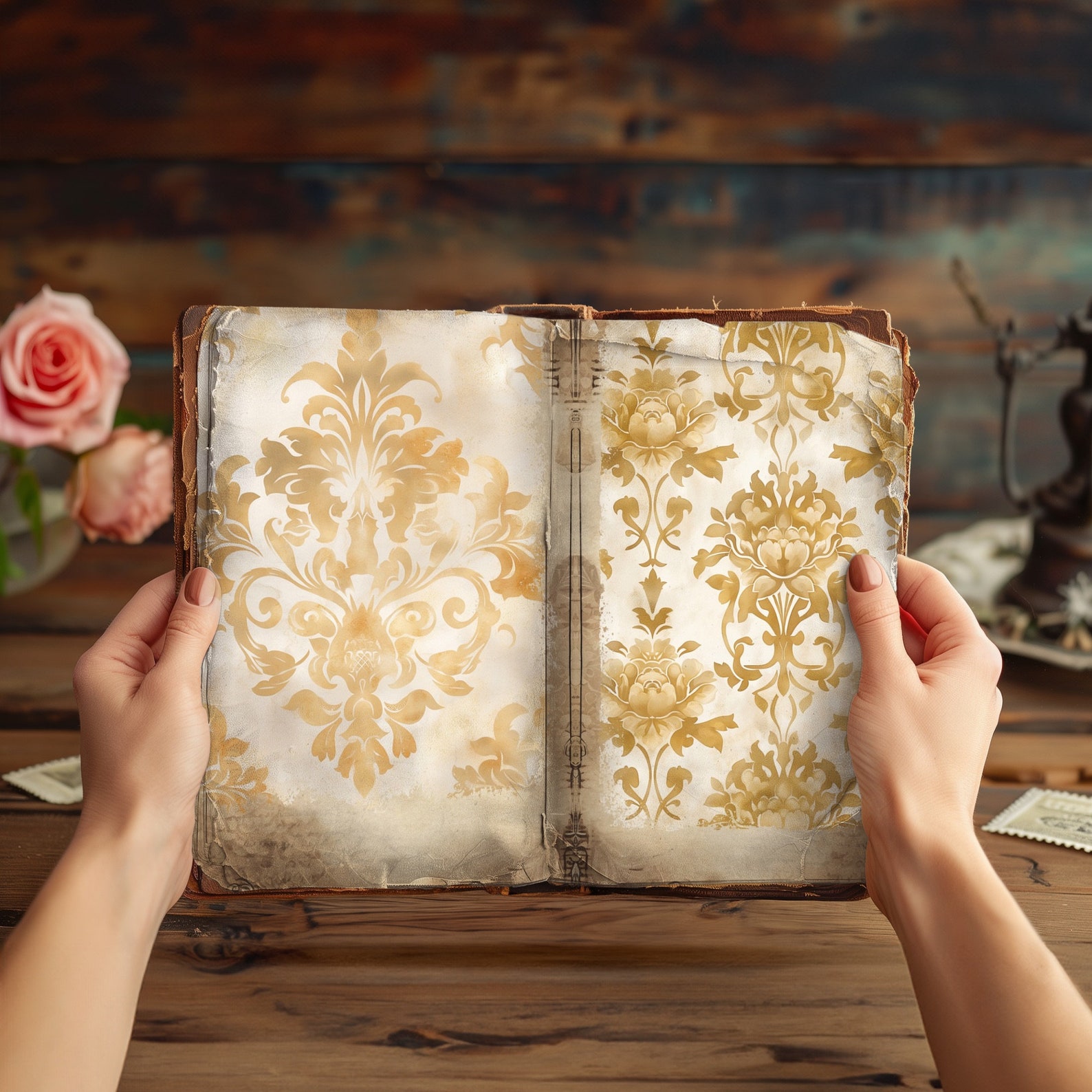 Gold Damask Junk Journal Pages , Vintage Metallic Effect , 6 Digital ...