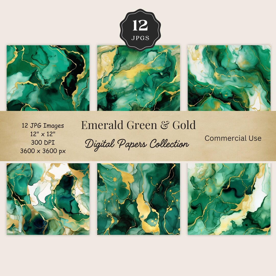 Emerald and Gold Alcohol Ink Digital Paper Pack , Faux Gold and Bright ...