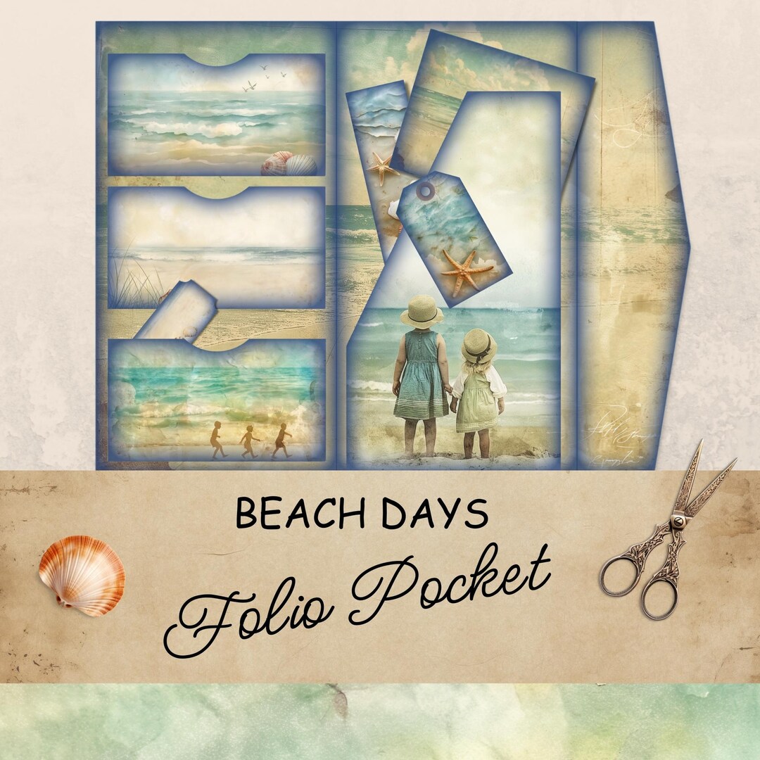 Beach Junk Journal Folio, Blue Borders , Printable Pocket Ephemera ...