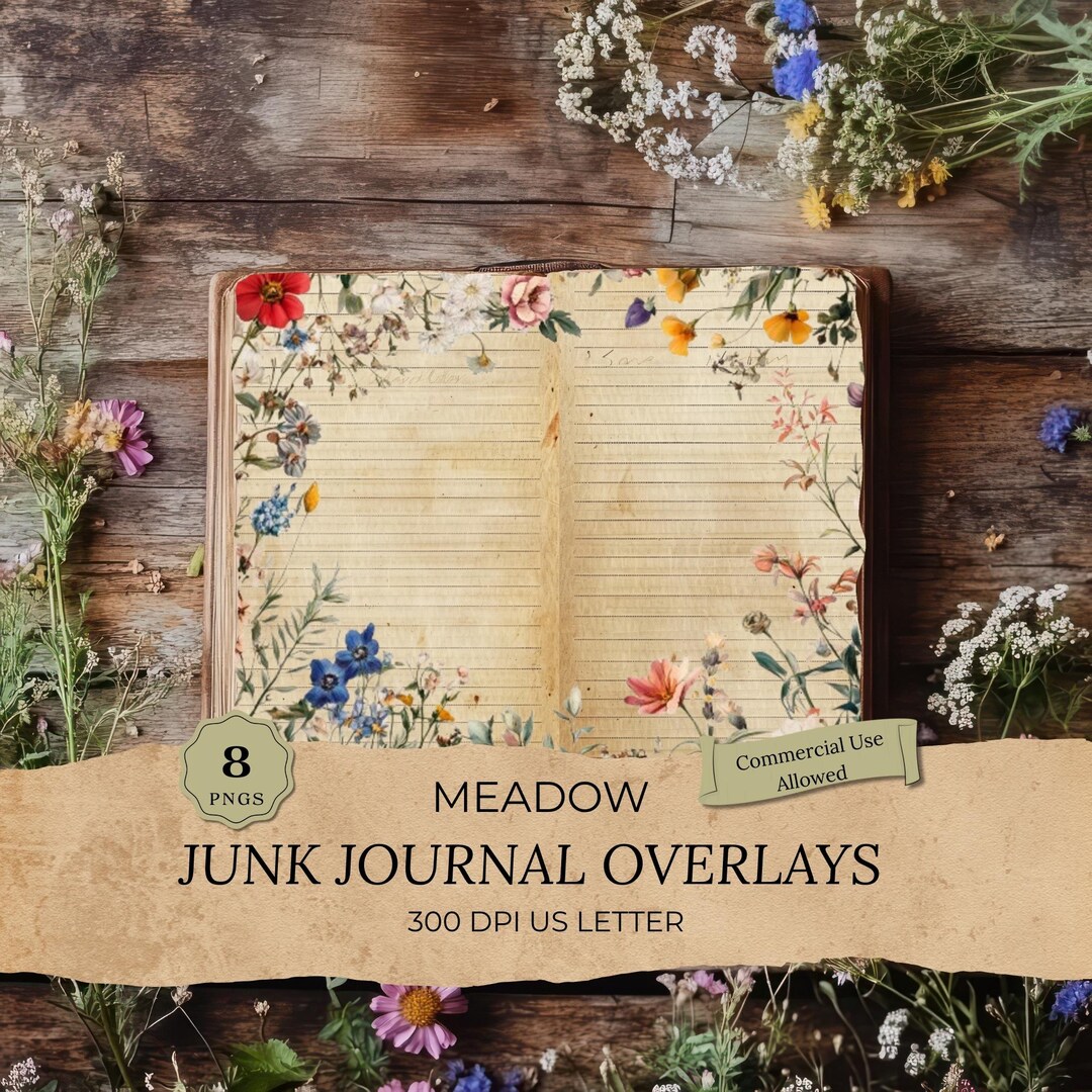 Digital Junk Journal Overlay , Set of Meadow Pngs, Floral US Letter ...