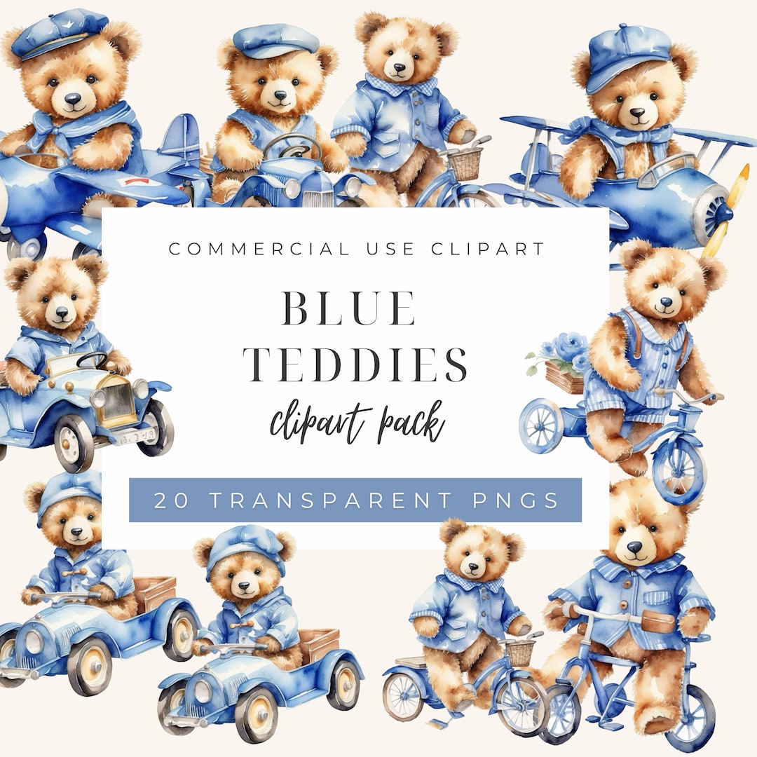 Blue Teddies Clipart Pack , Watercolour Images,teddy Bear Transport,boy ...