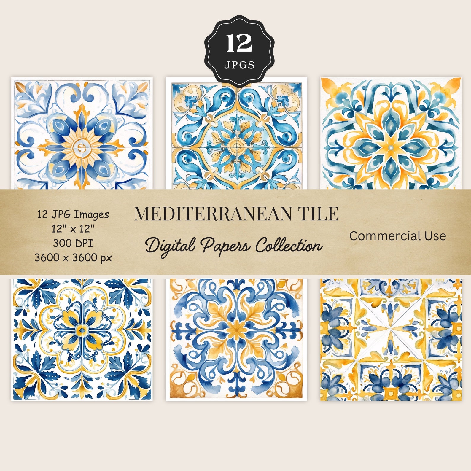 Mediterranean Tile, Watercolor Lemons Clipart, Portuguese Azulejo ...