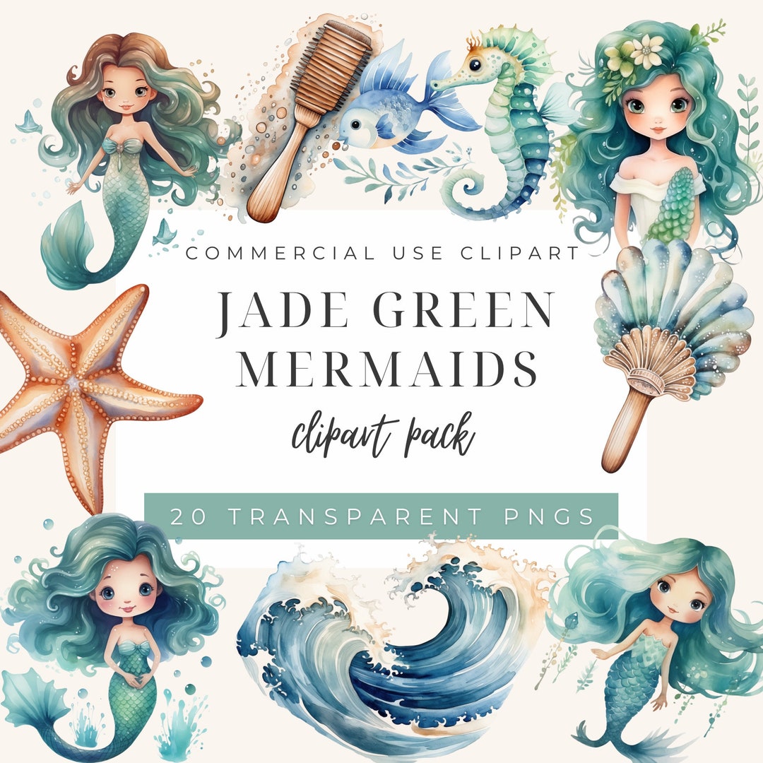 Jade Green Mermaids Clipart Pack , Watercolour Images, Cute Mermaid ...