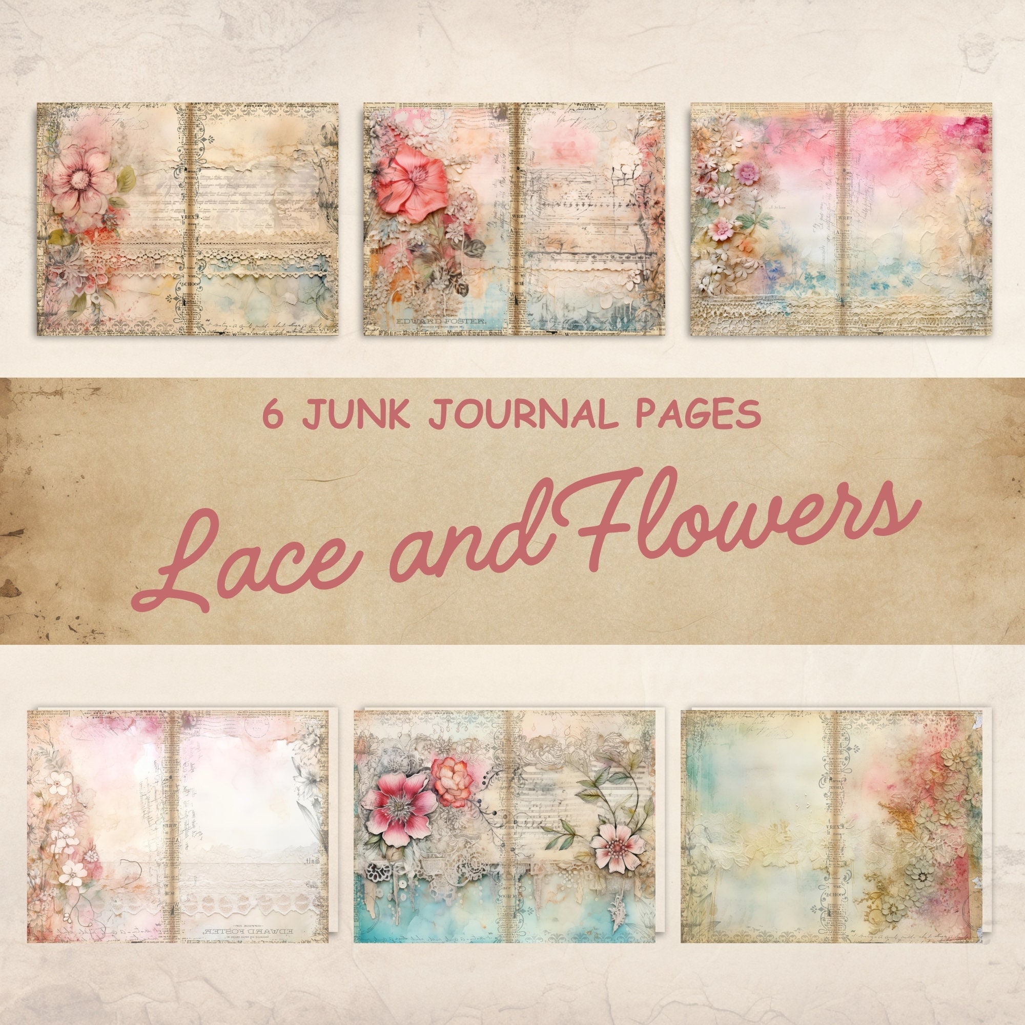 Lace & Flowers Junk Journal Downloadable,digital Paper,vintage Pages. 6 ...