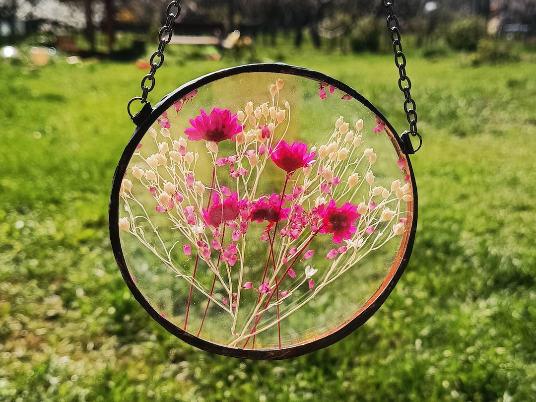Magenta Floral Meadow Herbarium Glass Natural Flowers Stained Glass ...