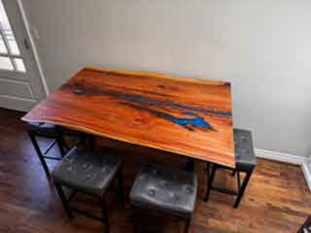 Custom Dark Blue Epoxy and Redwood Live Edge Bar Table With Custom Base ...