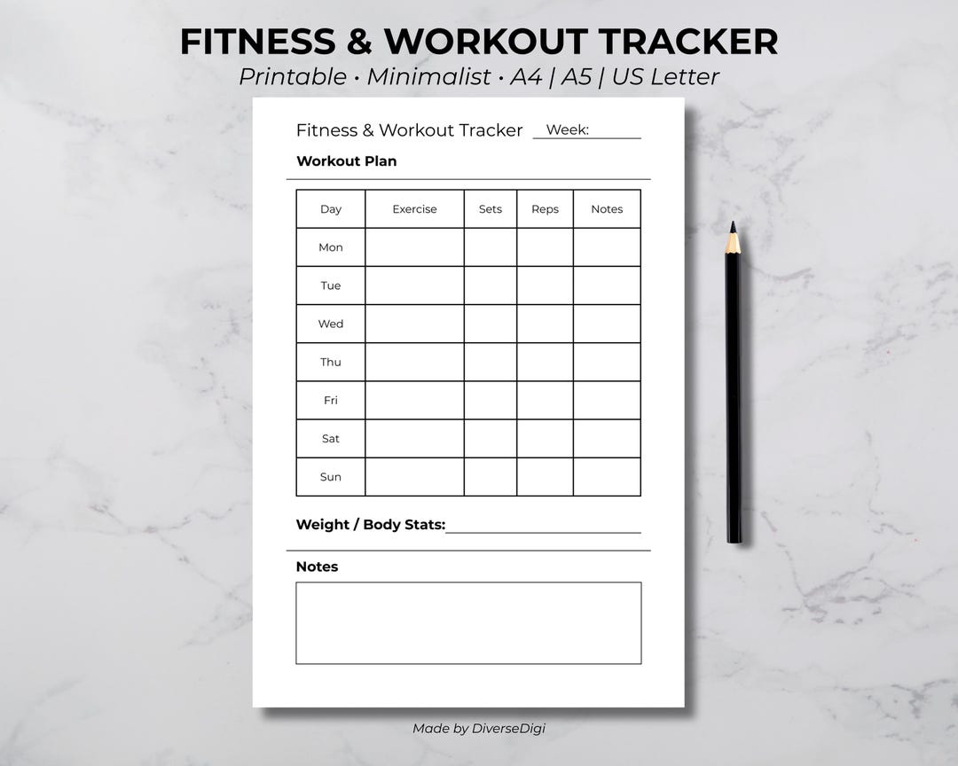 Fitness & Workout Tracker Printable, Exercise Log, Gym Planner, Weekly ...