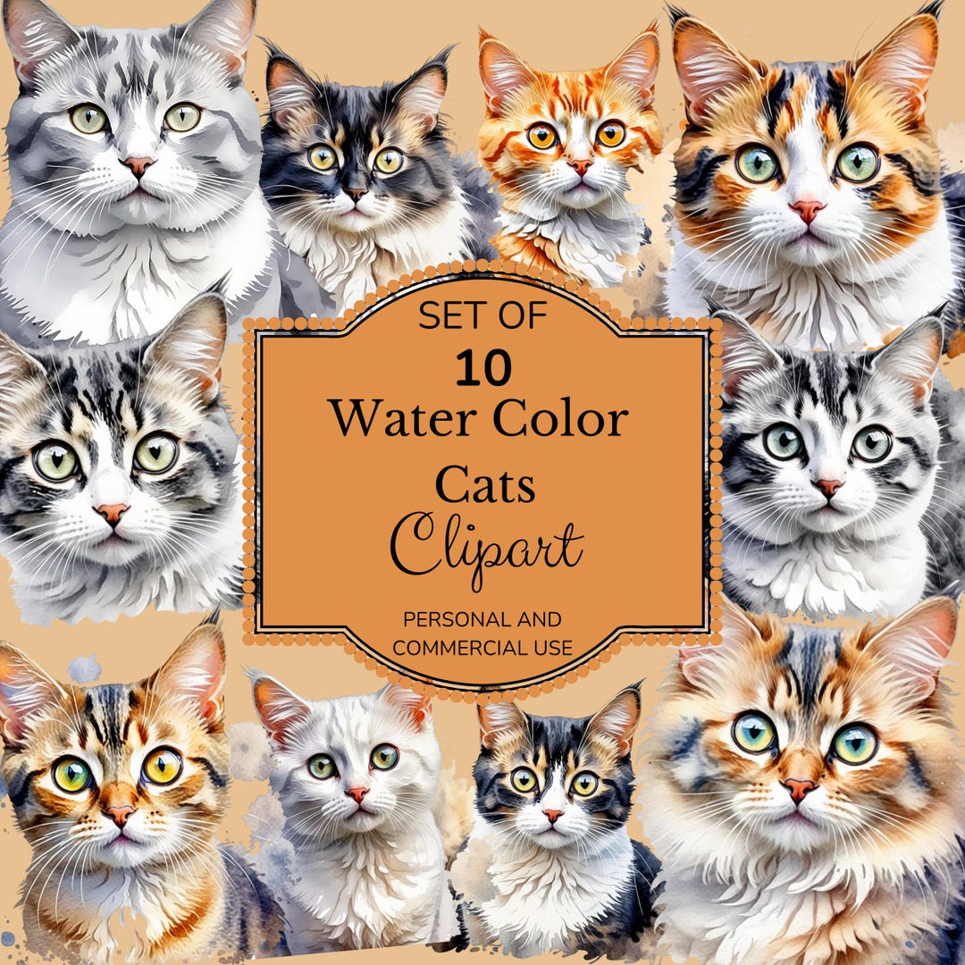 Watercolor Cat Clipart, Digital Download Cat Art, Cat Illustration ...