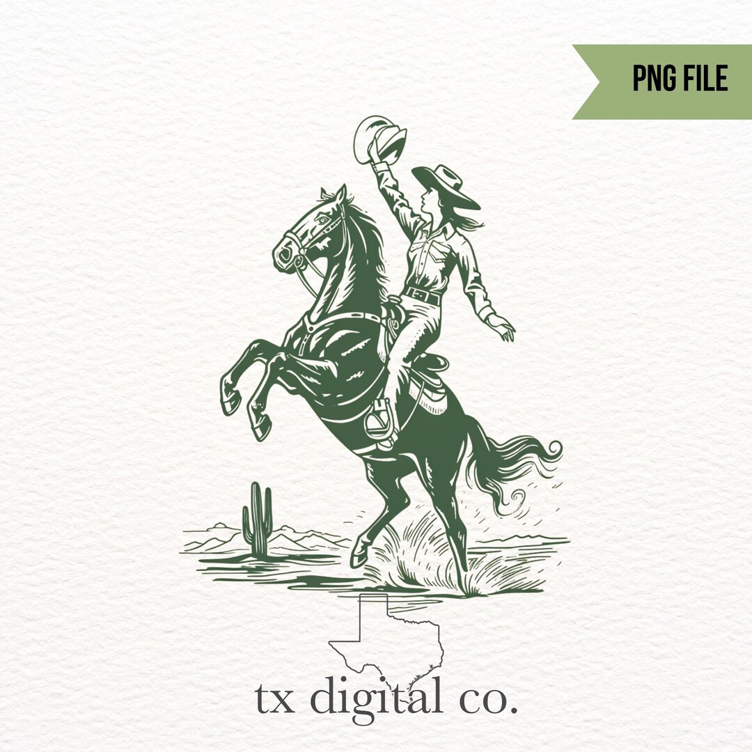 Western Cowgirl Horse Bucking Line Art T-shirt Design Desert Background ...