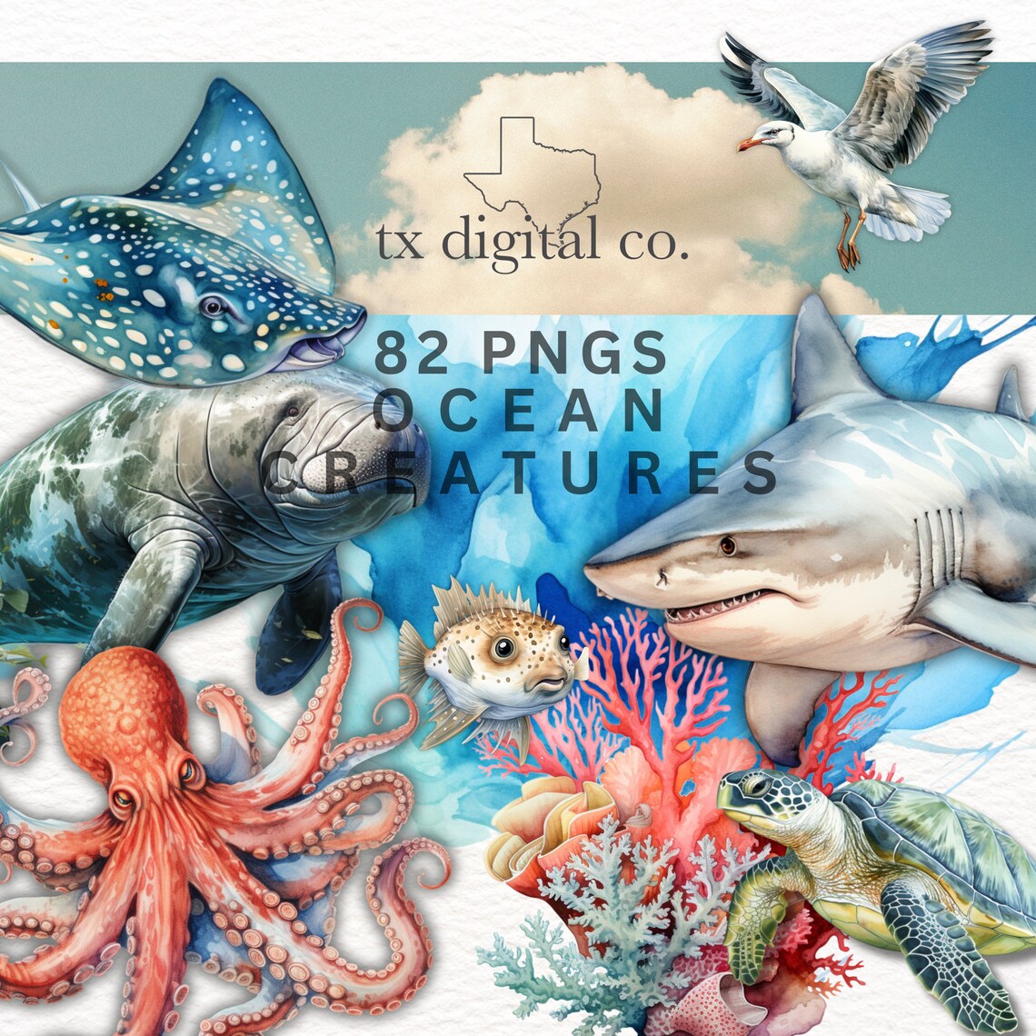 Ocean Creatures PNG Bundle Underwater Animals Clipart Set for Crafts ...