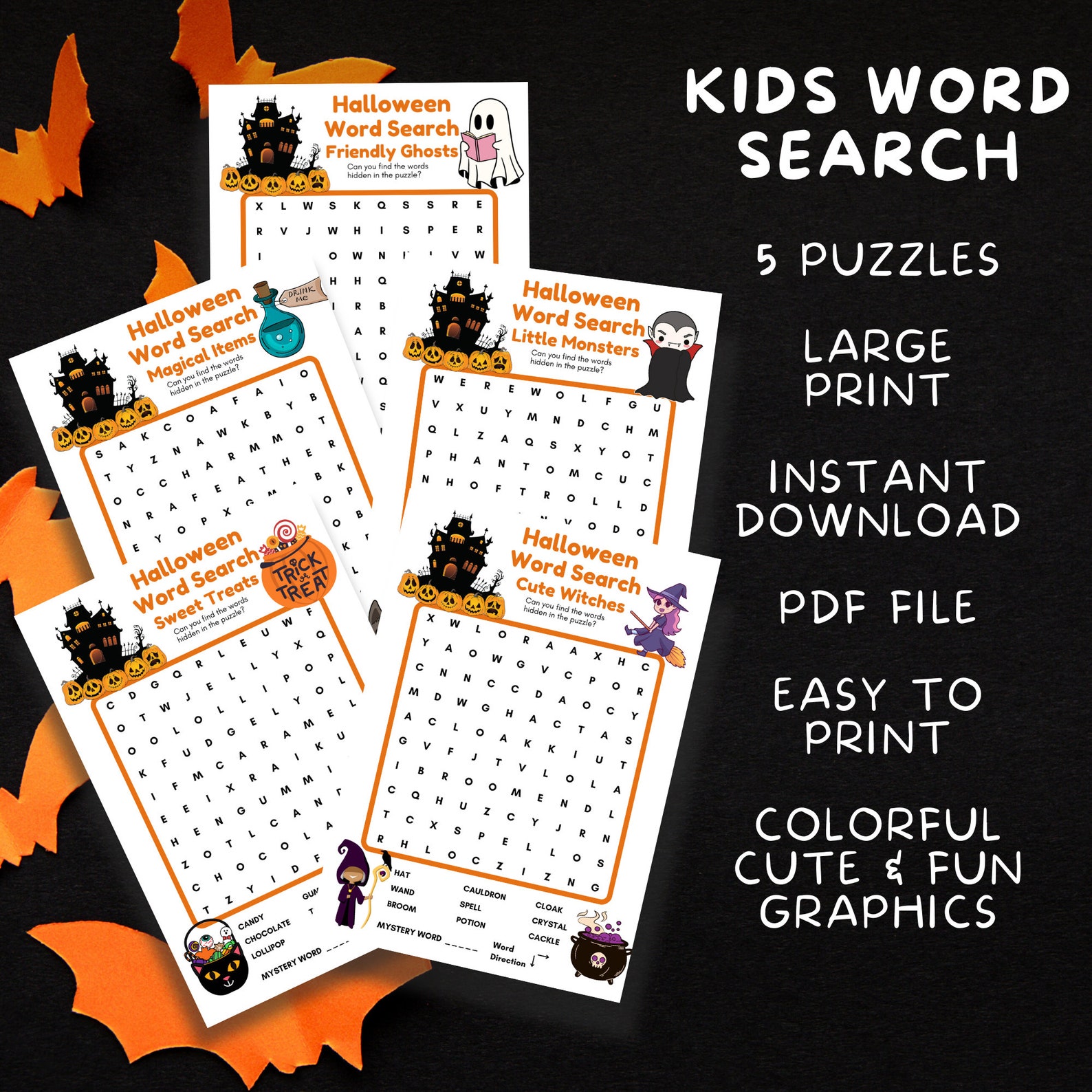 Halloween Word Search for Kids Printable, Bundle of 5 Puzzles, Kids ...