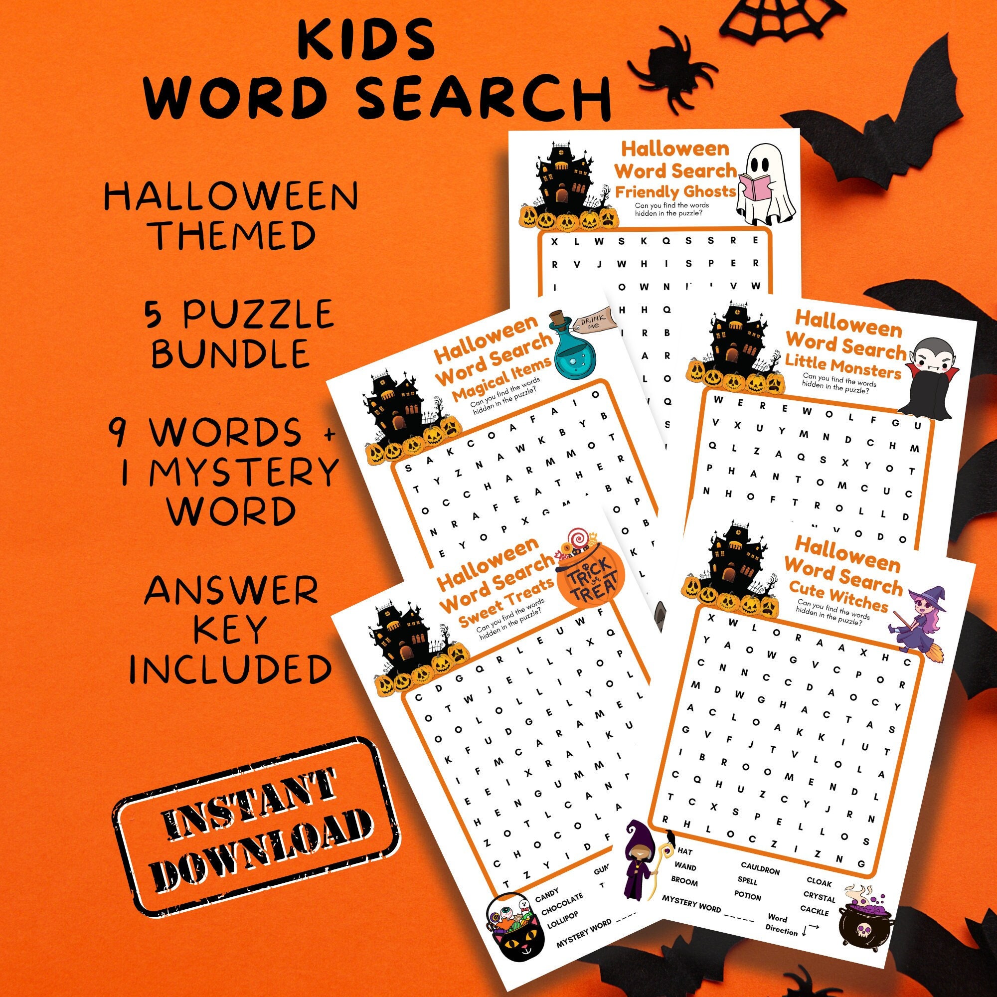Halloween Word Search for Kids Printable, Bundle of 5 Puzzles, Kids ...