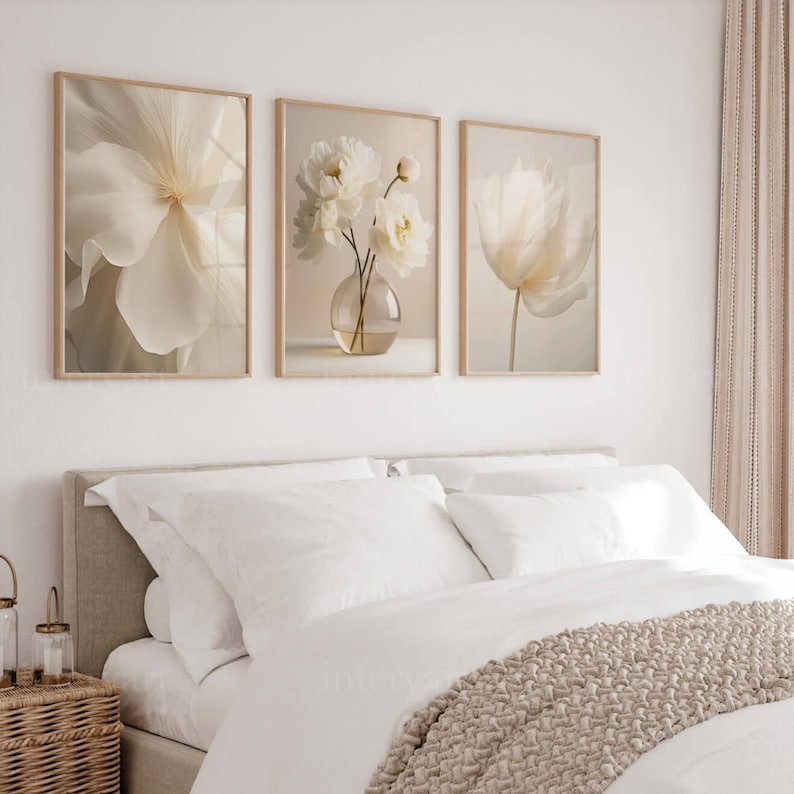 Set of 3 Botanical Prints, Download Digital Beige Flowers Wall Art ...