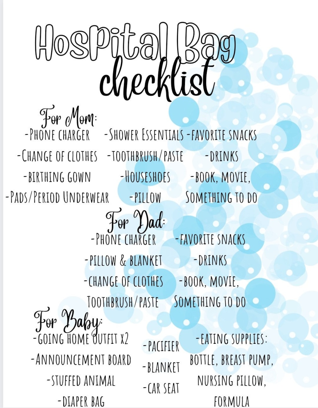 Hospital Bag Checklist: Bubbles - Etsy
