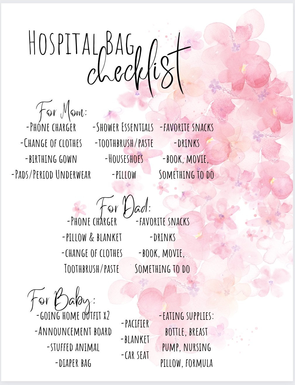 Hospital Bag Checklist: Floral - Etsy