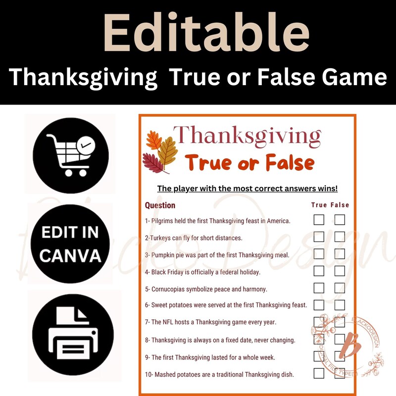 Thanksgiving True or False - Etsy