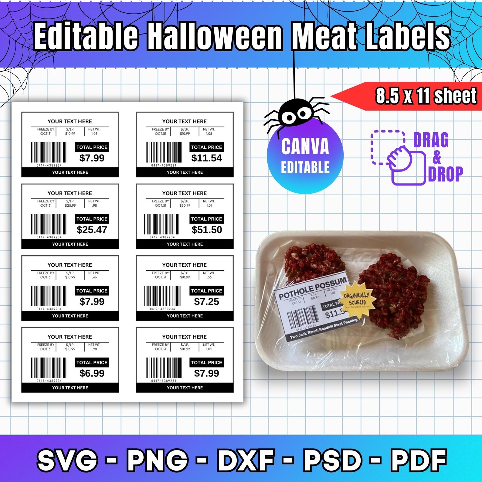 Editable Fake Meat Label Template: Funny Halloween Treat Tags (instant ...