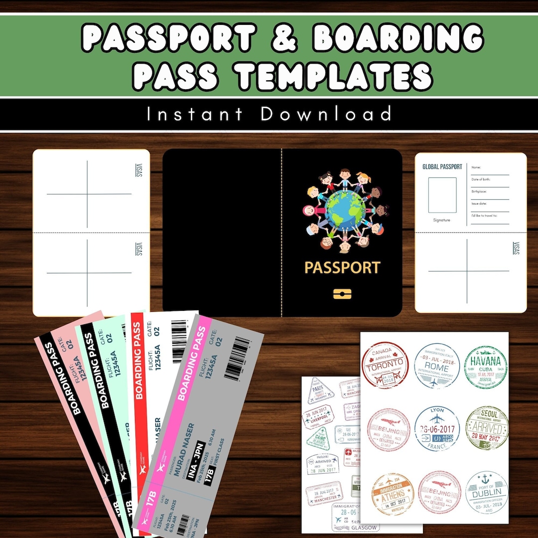 Printable US Passport Kit for Kids: Travel Stamps, Airplane Ticket ...