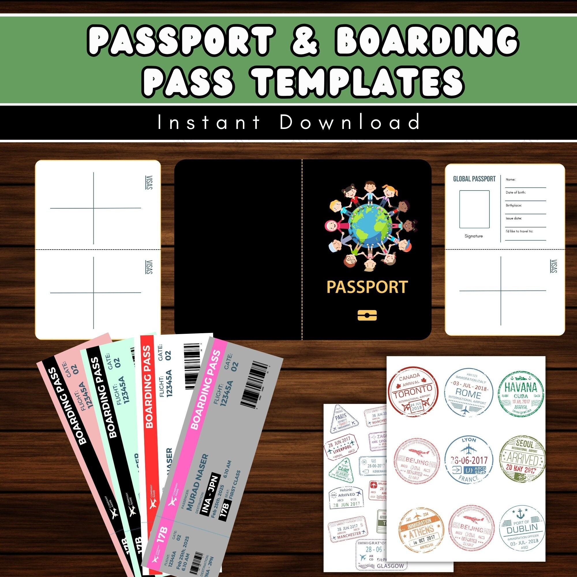 Printable US Passport Kit for Kids: Travel Stamps, Airplane Ticket ...