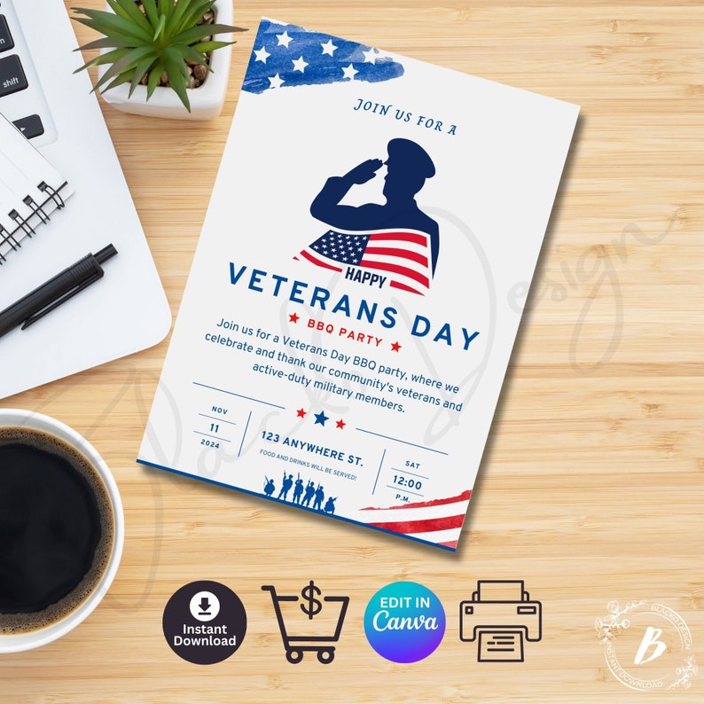 Editable Veterans Day BBQ Invitation: Red, White, and Blue (digital ...