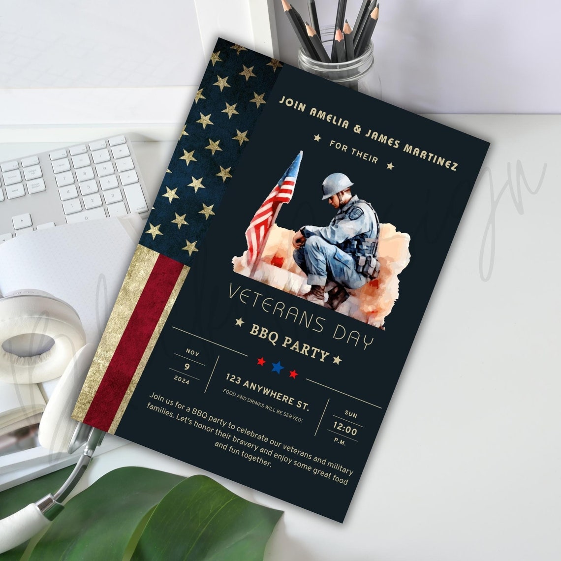 Veterans Day Card Invitation, Red White Blue Watercolor Flyer, Editable ...