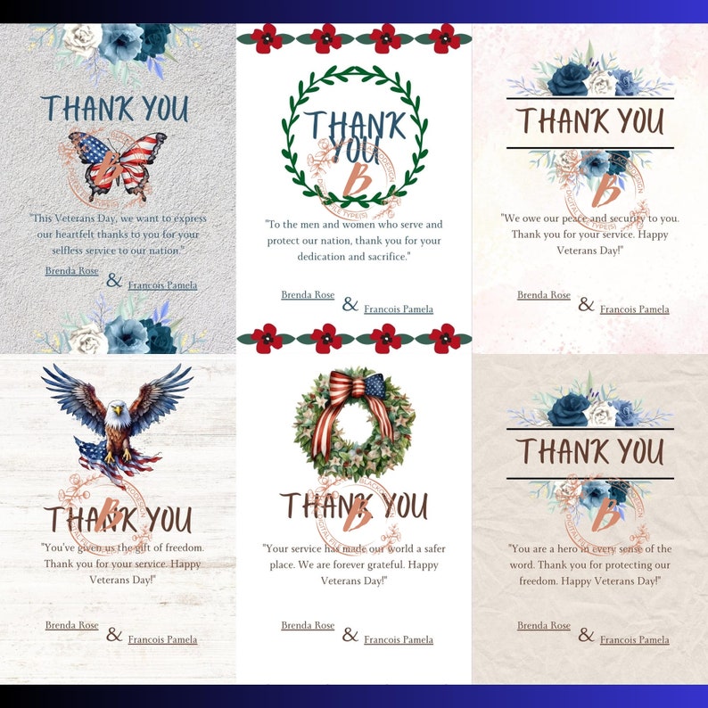 Veterans Day Thank You for Your Service, 6 Editable Veterans Day Card ...