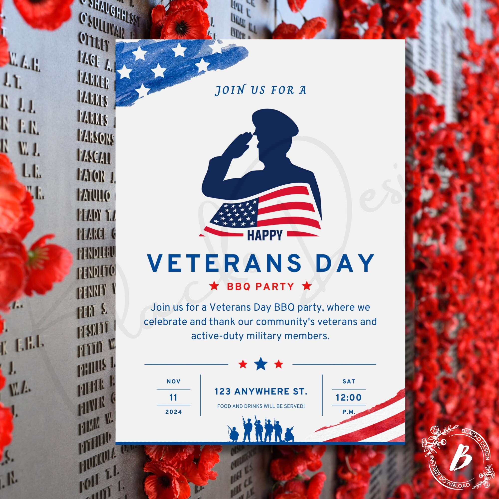 Editable Veterans Day BBQ Invitation: Red, White, and Blue (digital ...