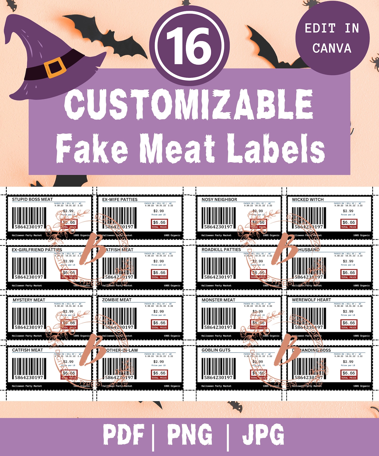 Editable Halloween Meat Labels: Spooky Party Favors (PDF, PNG, JPG) - Etsy