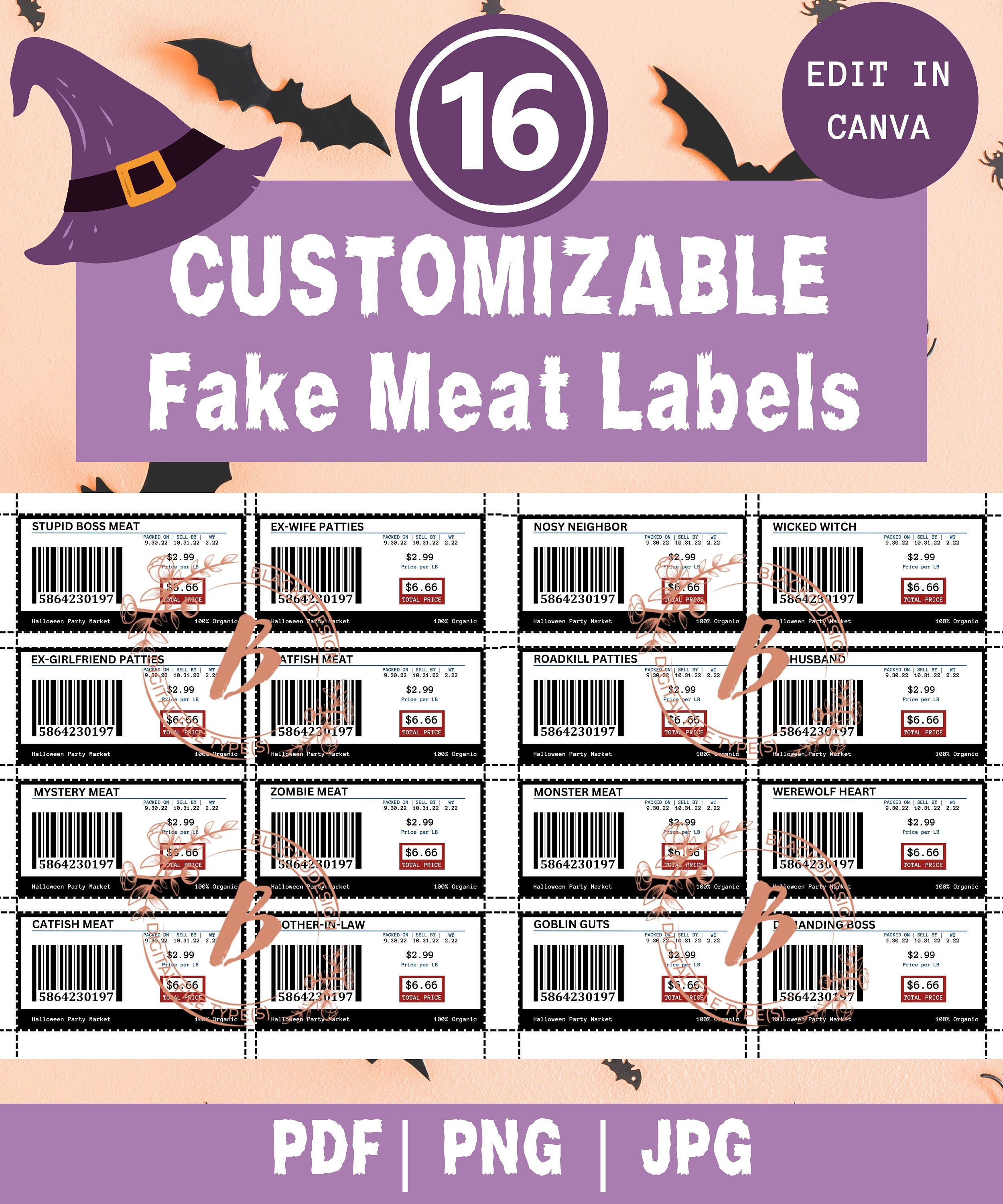 Editable Halloween Meat Labels: Spooky Party Favors (PDF, PNG, JPG) - Etsy