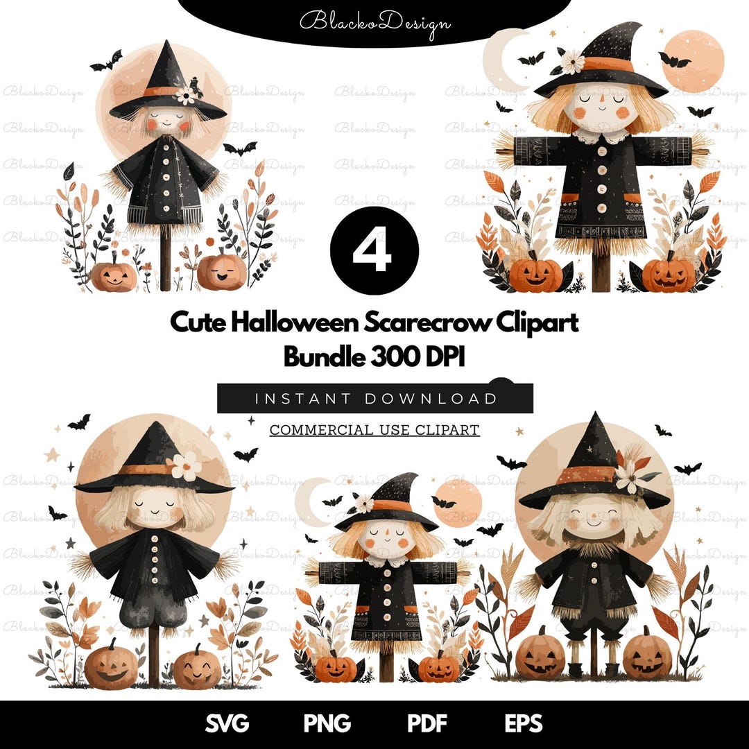 Watercolor Scarecrow Clipart Bundle: Autumn PNG Graphics (commercial ...