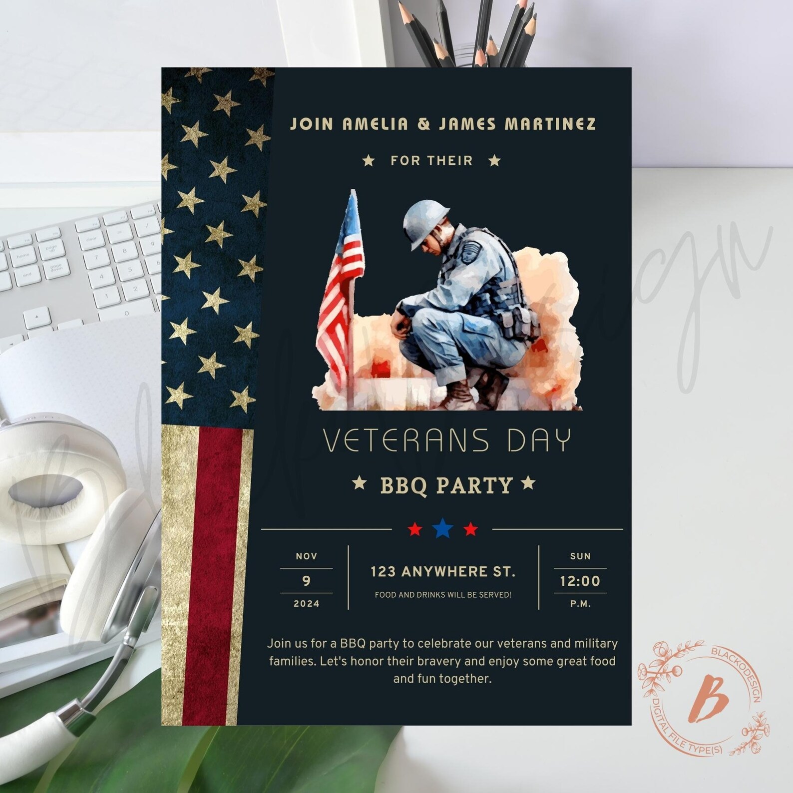 Veterans Day Card Invitation, Red White Blue Watercolor Flyer, Editable ...