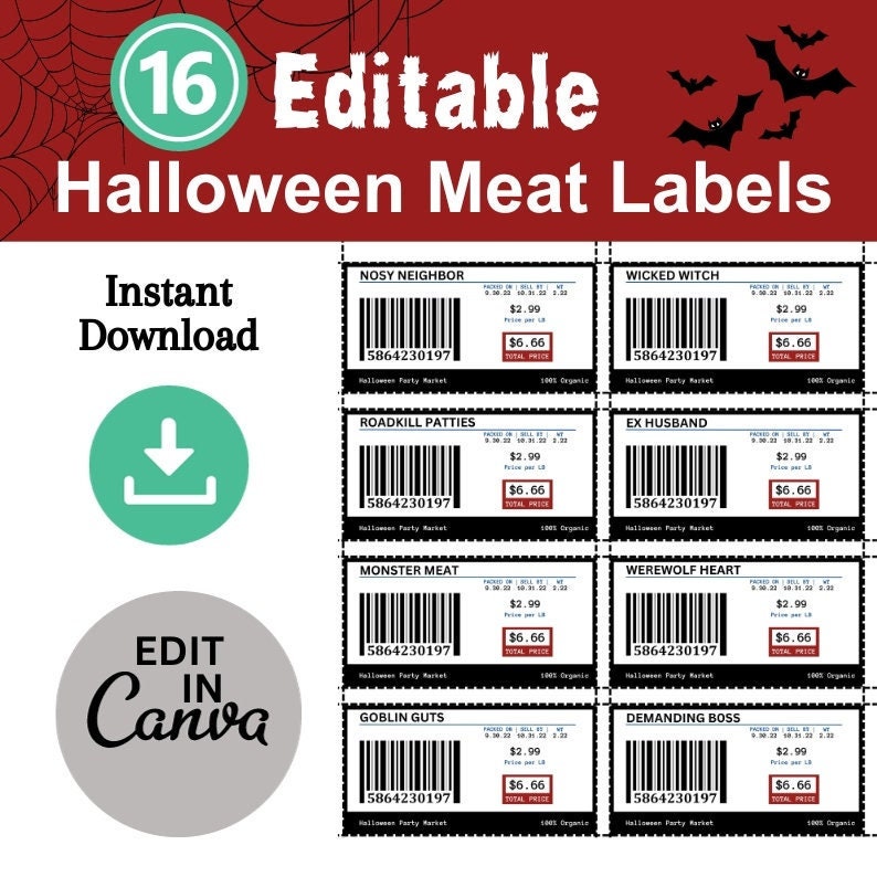 Editable Halloween Meat Labels: Spooky Party Favors (PDF, PNG, JPG) - Etsy