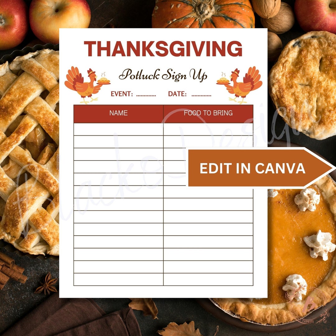 Editable Thanksgiving Potluck Sign-up Sheet | Holiday Party Template ...