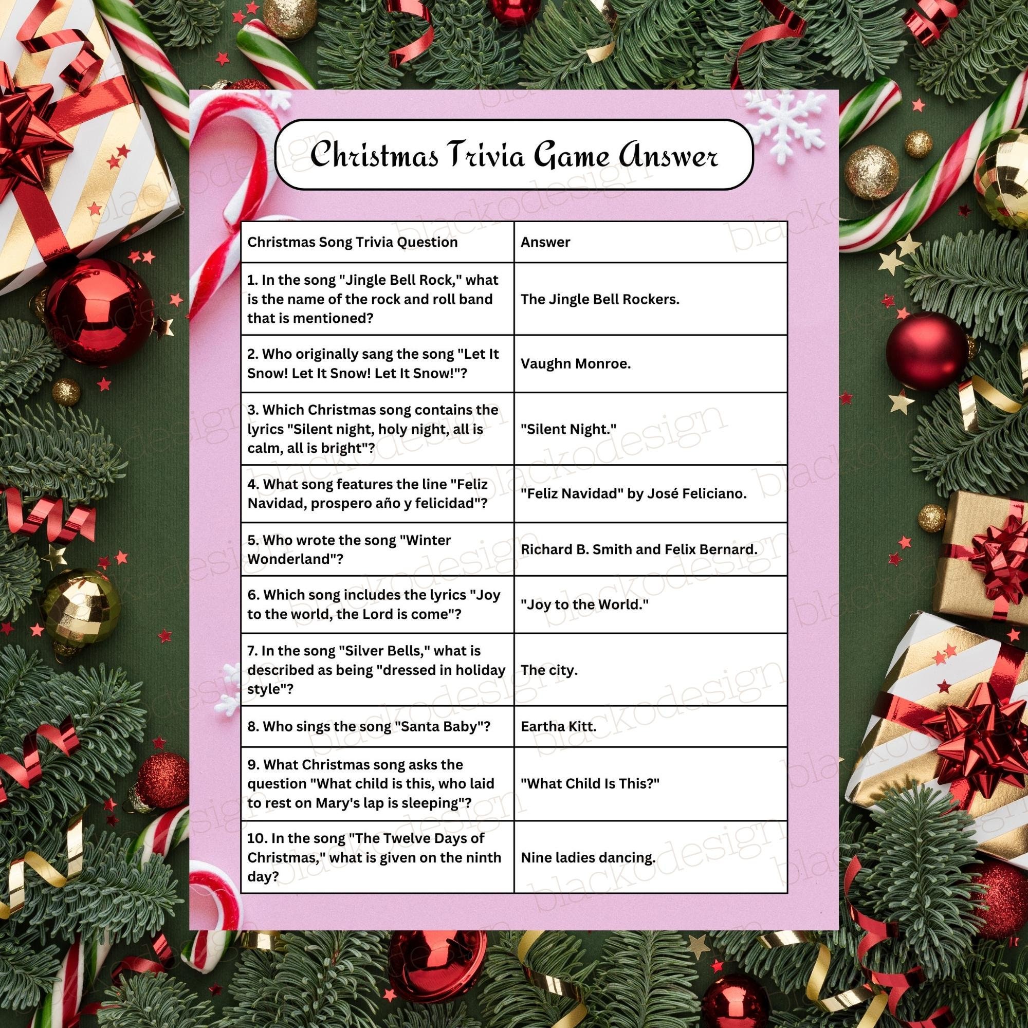 Printable Christmas Song Trivia - Christmas Quiz - Adult Holiday Trivia ...