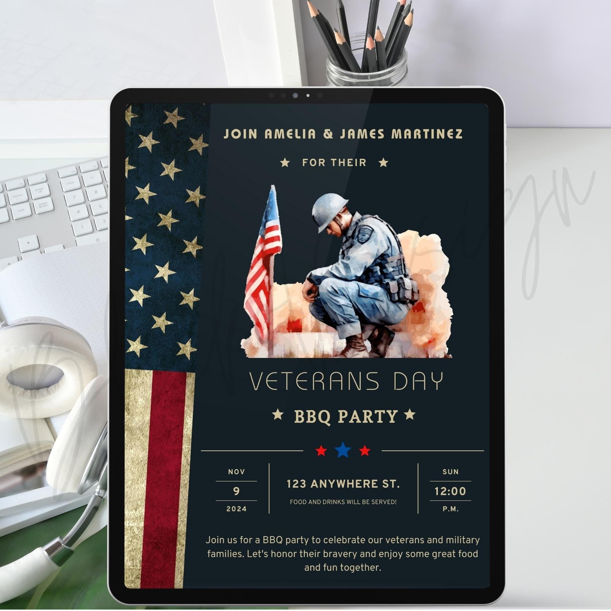 Veterans Day Card Invitation, Red White Blue Watercolor Flyer, Editable ...