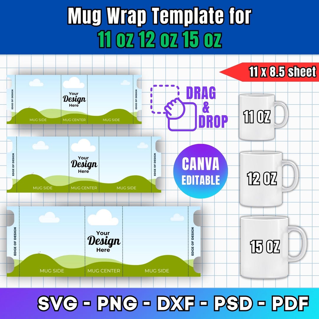 Editable Mug Wrap Template: Sublimation PNG SVG PSD Canva (11oz 12oz ...