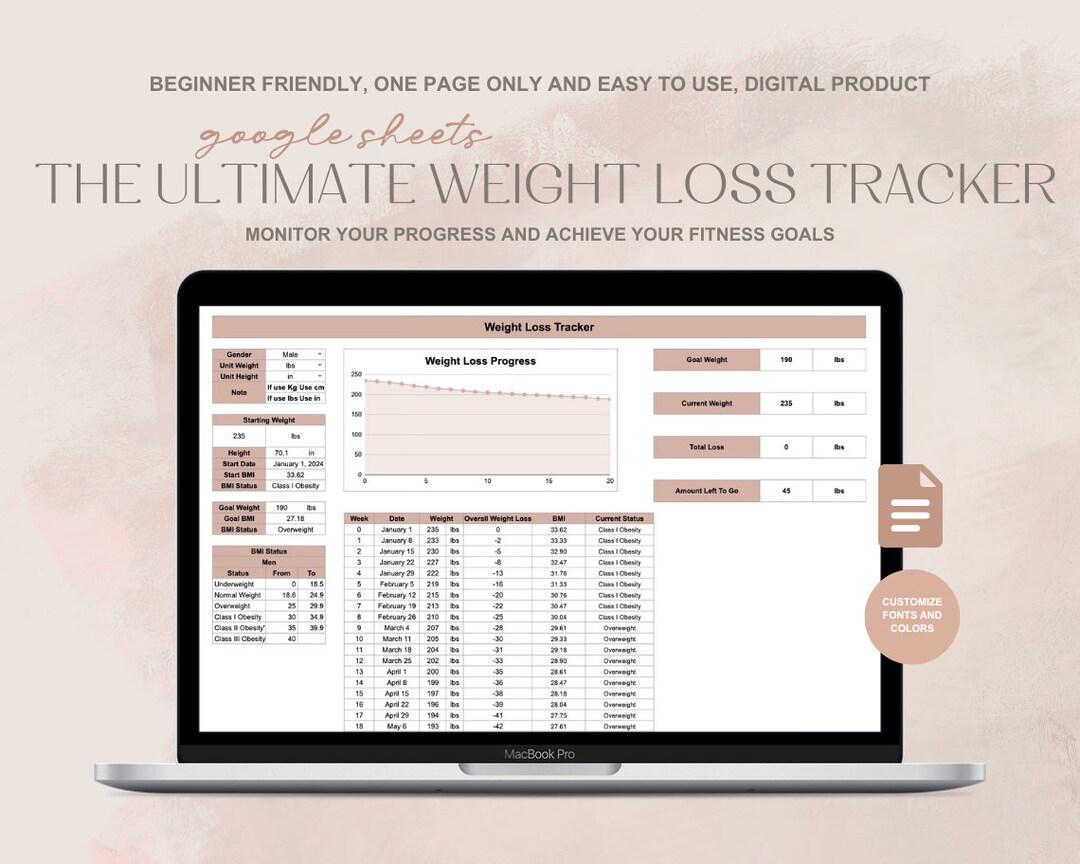 Weight Loss Tracker Spreadsheet Google Sheets Fitness Journal - Etsy