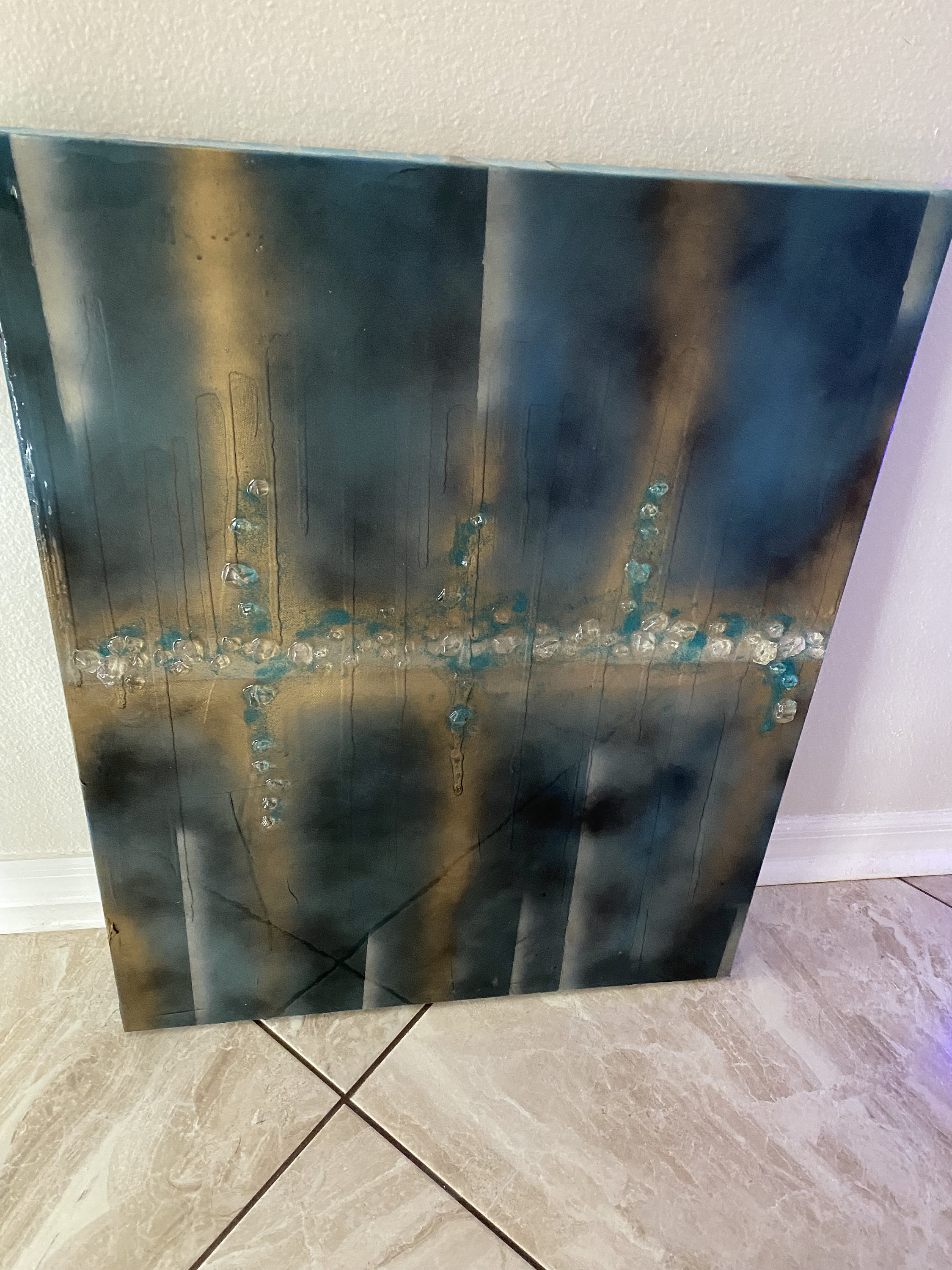 Abstract Art Canvas Painting Coated With Epoxy With Clear Gems Embedded ...