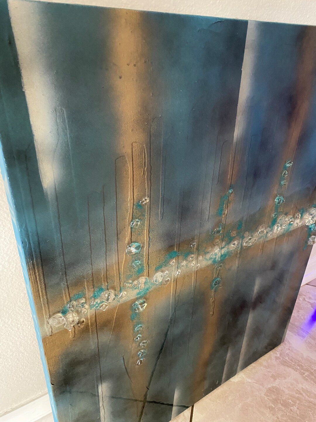 Abstract Art Canvas Painting Coated With Epoxy With Clear Gems Embedded ...