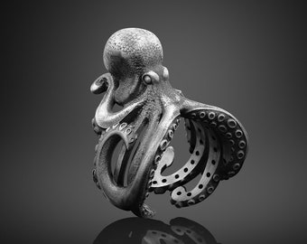 Octopus Handmade Sterling Silver Men Ring, Octopi Animal Biker Ring ...